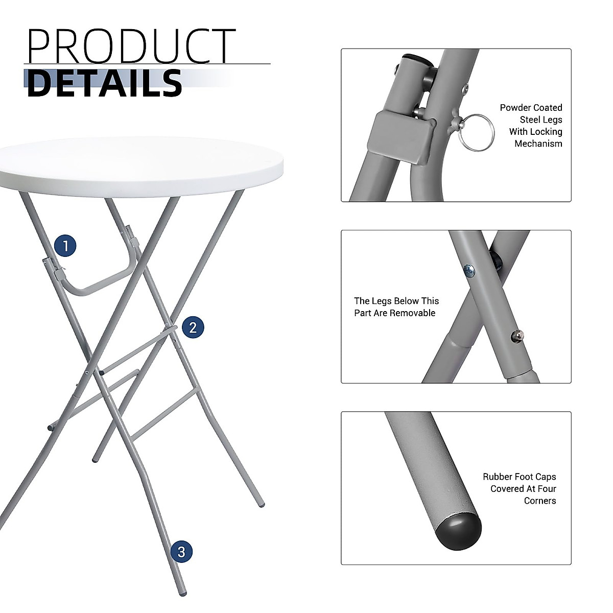 Byliable 32in Cocktail Table White High Top Folding Table, Portable Bar Height Folding Table Round with Removable Gray Legs, Indoor Outdoor Banquet Table for Parties, Commercial, Speech, Dining