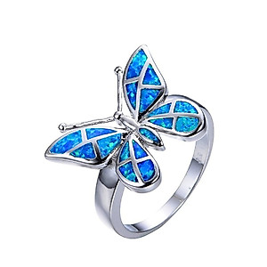 Bohemian Ring Opal Butterfly Ring for Women Engaged Wedding Rings Engagement Ring Party Ring for Girls (Blue, 7) Stainless Steel Blue Rose Gold White Purple