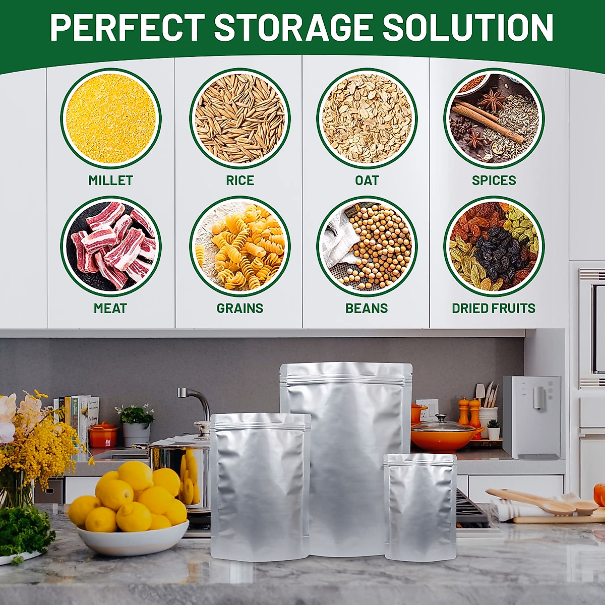 PoshMax Resealable Mylar Bags - Extra Thick Mylar Bags for Food Storage in 3 Sizes, Gallon, Quart and Small | Food Safe Mylar Ziplock Bag with Oxygen Absorbers for Food Storage 500cc | 100 Pack