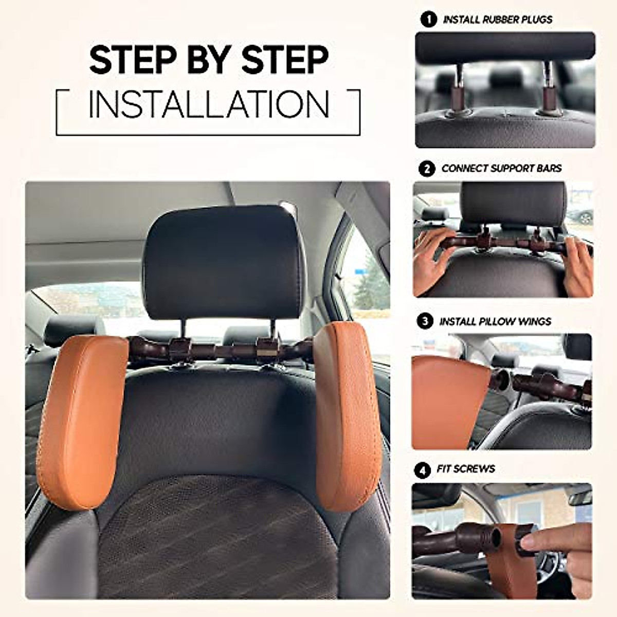 Caujon Car Headrest Pillow - Adjustable, Easy to Install, Side Cushion Car Seat Head Support for Kids and Adults, Car Sleeping Side Pillow for Travelling (Coffee)