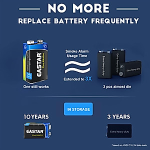 EASTAR BTS 9V Batteries - Alkaline 9 Volt Batteries (2 Pack) for Smoke Detectors, Long-Lasting Power for Low Drain Devices, 10 Year Shelf Life, All-Purpose Square Batteries 6LR61 for Household Office