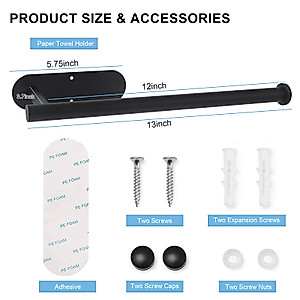 FGSAEOR Paper Towel Holder, Adhesive or Wall Mount Stand Rack Use for Paper Towel, Towels, Plastic Wrap, Stainless Steel Organization Shelf for Kitchen, Cabinet, Bathroom, Garage, Pantry (Black)