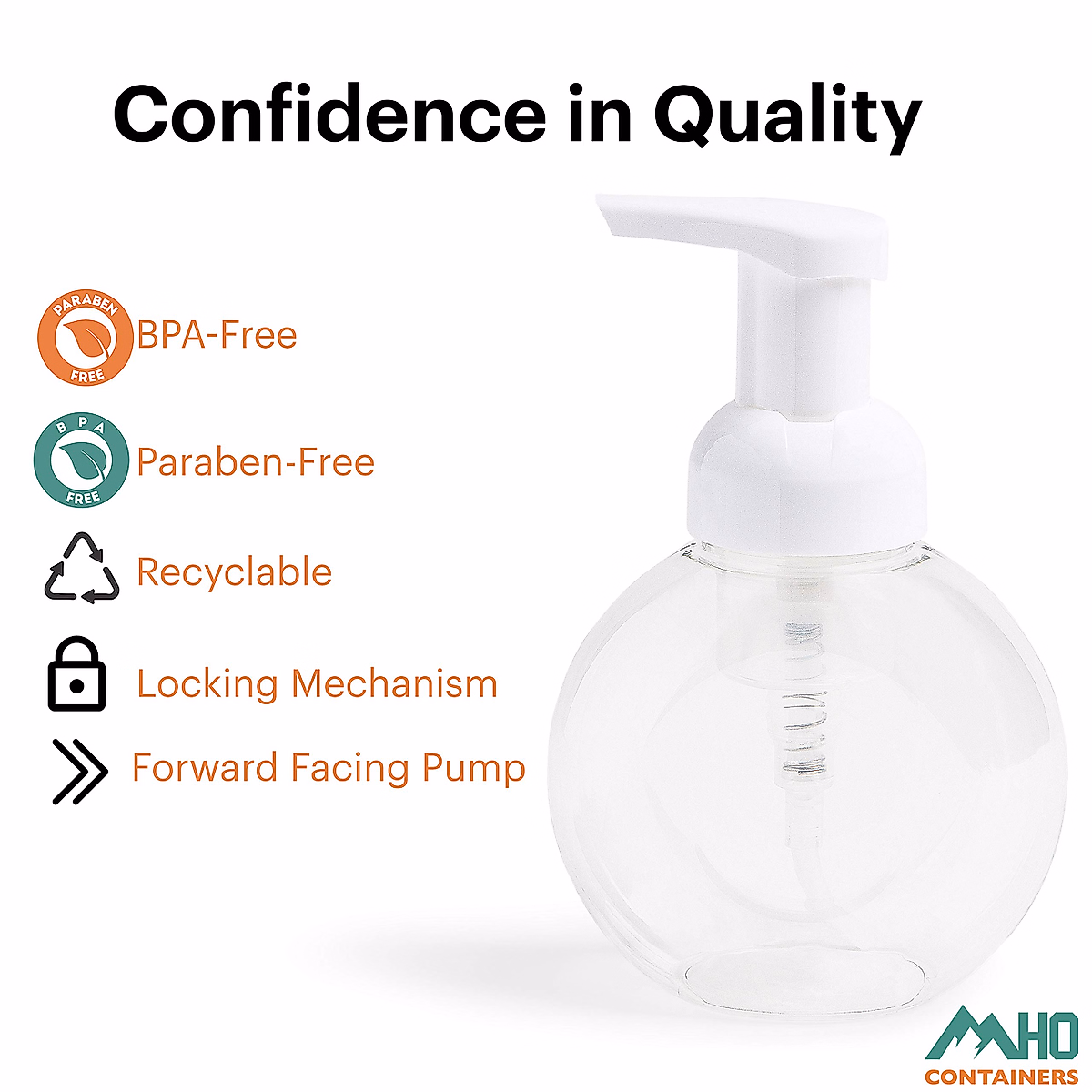 MHO Containers | Clear Foaming Soap Dispenser with White Pump Locking Mechanism BPA/Paraben Free PET Plastic 250mL/8.5fl oz - Set of 4