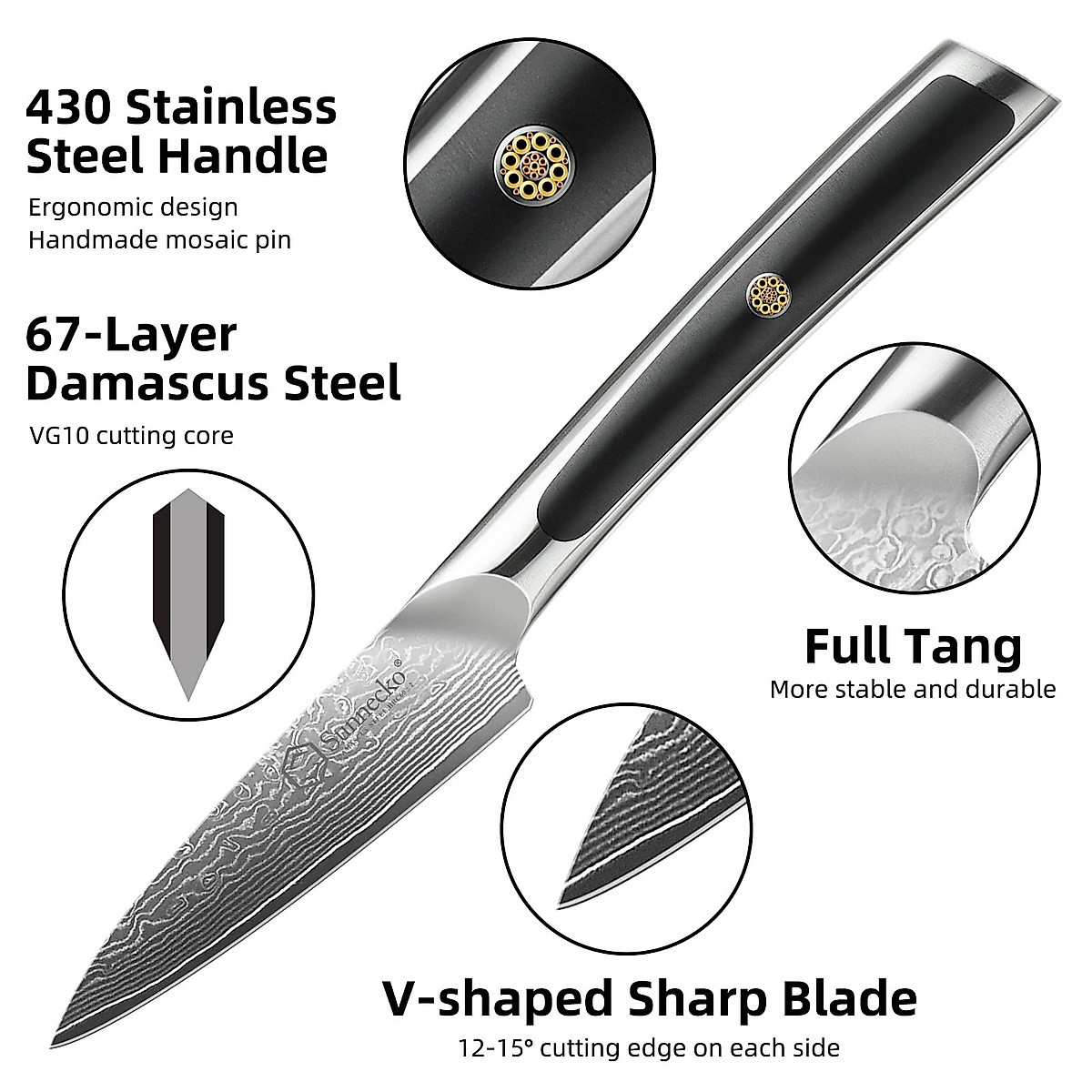 Sunnecko Paring Knife 3.5 Inch, Fruit Knife with 67-layers Damascus Steel VG-10 Blade Small Knife, Peeling Knife with Inlaid Handle Small Kitchen Knife Perfect for Cutting Fruit Vegetables Petty Knife