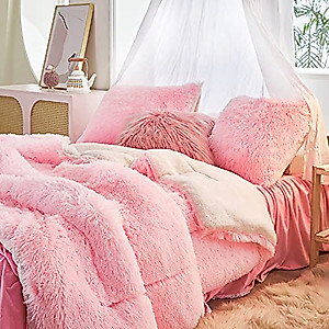 Luxury Faux Fur Shaggy Comforter Set King Size, Plush & Sherpa Reversible Comforter Pink, 3 Pieces Fluffy Fuzzy Bedding Set Ultra Soft and Warm for Winter (1 Comforter + 2 Pillowcases)