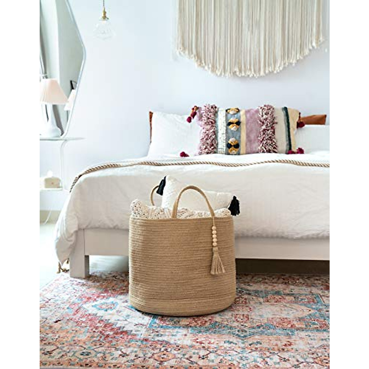 Mkono Woven Storage Basket Decorative Natural Rope Basket and Cotton Rope Basket Boho Cute Decor and Organizer for Nursery, Baby Toys, Blanket