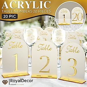 RoyalDecor's Frosted Arched Acrylic Table Numbers 1-20 with Gold Mirror Number and Stands - Perfect Wedding Table Decorations Accessories - Small Number Stand Centerpieces for Reception Tables - 5x7