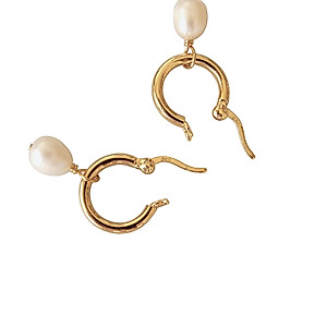 Yellow Gold Plated over Sterling Silver 8x7mm Oval Pearl 14mm Hoop Earrings for women - Small Dainty Hoops | Handmade by MiYa Jewelry creations