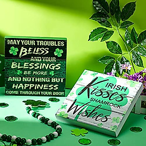 2 Pieces St. Patrick's Day Wood Decors Wood Box Signs Irish Rustic Tabletop Decor Wood Block Plaque May Your Blessings Irish Kisses Shamrock Wishes for St. Patrick Home Table Decorations, 8 x 8 Inch