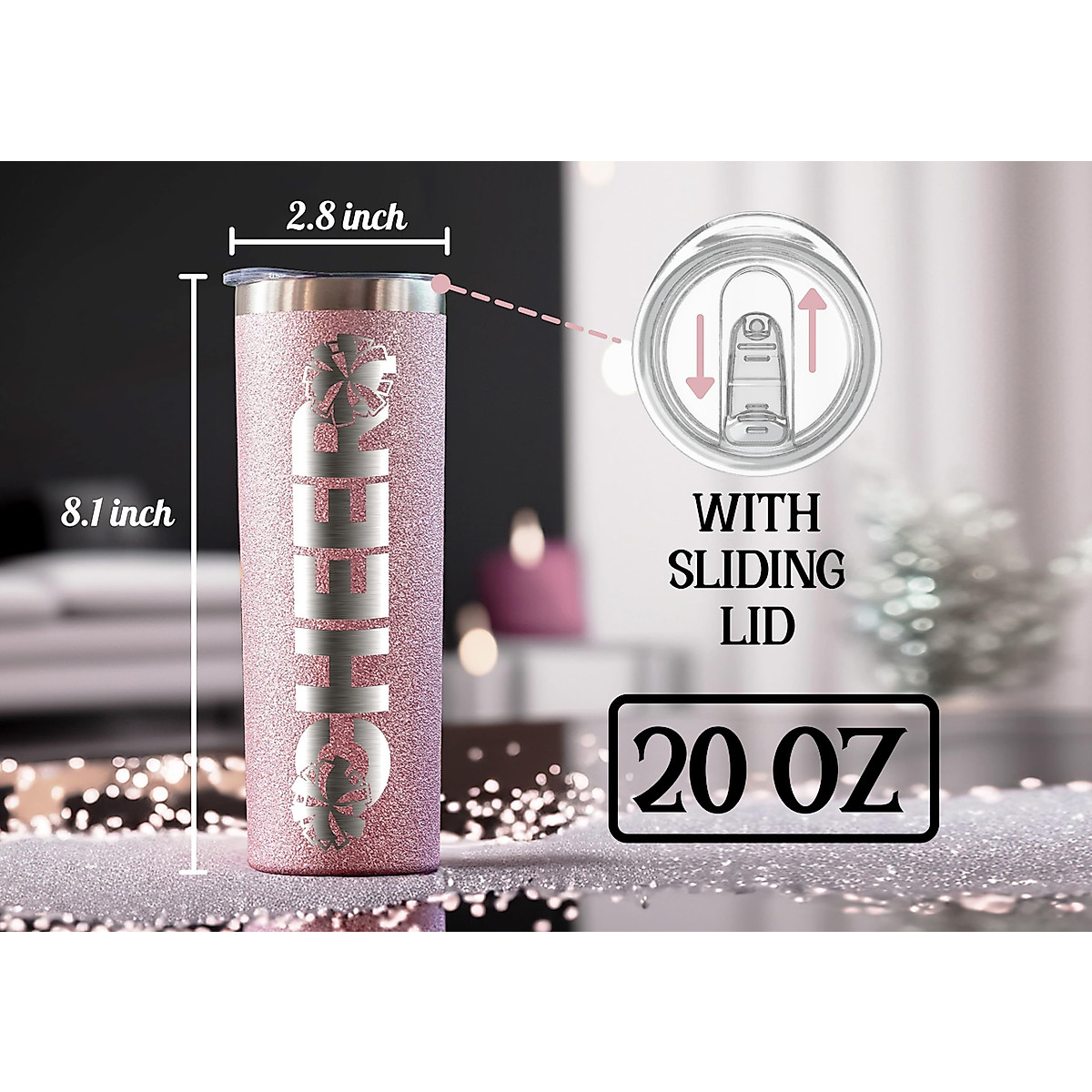 Onebttl Cheerleader Glitter Tumbler Gifts For Girls - Cheer - 20oz/590ml Stainless Steel Insulated Tumbler with Straw, Lid - Gift for Cheerleading, Coach or Cheer Squad - Glitter Pink