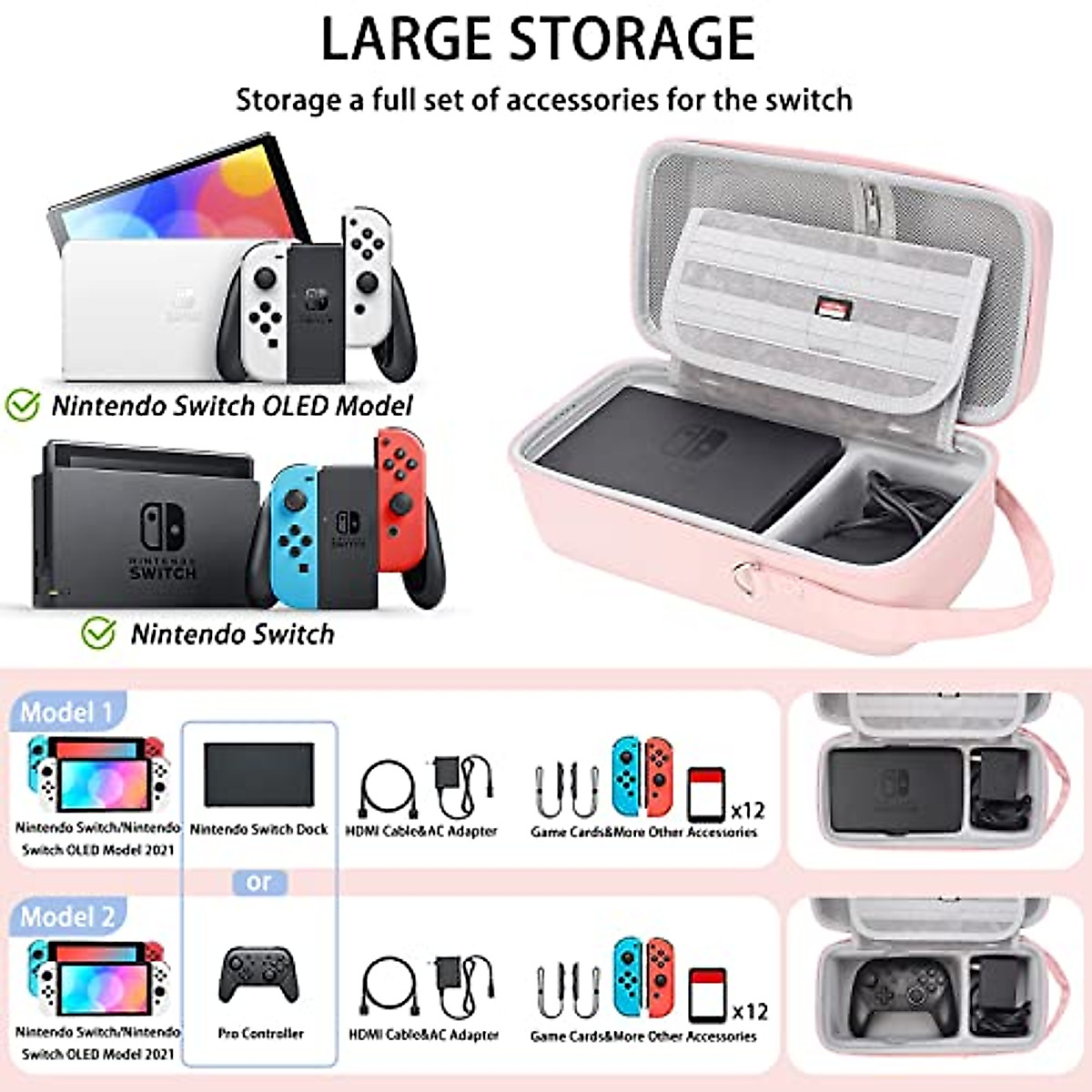 Pemalin Pink Cute Cat Paw Case Compatible with Nintendo Switch/Switch OLED - Hardshell Travel Carrying Case fit Switch Console & Various Game Accessories with Removable Shoulder Strap.