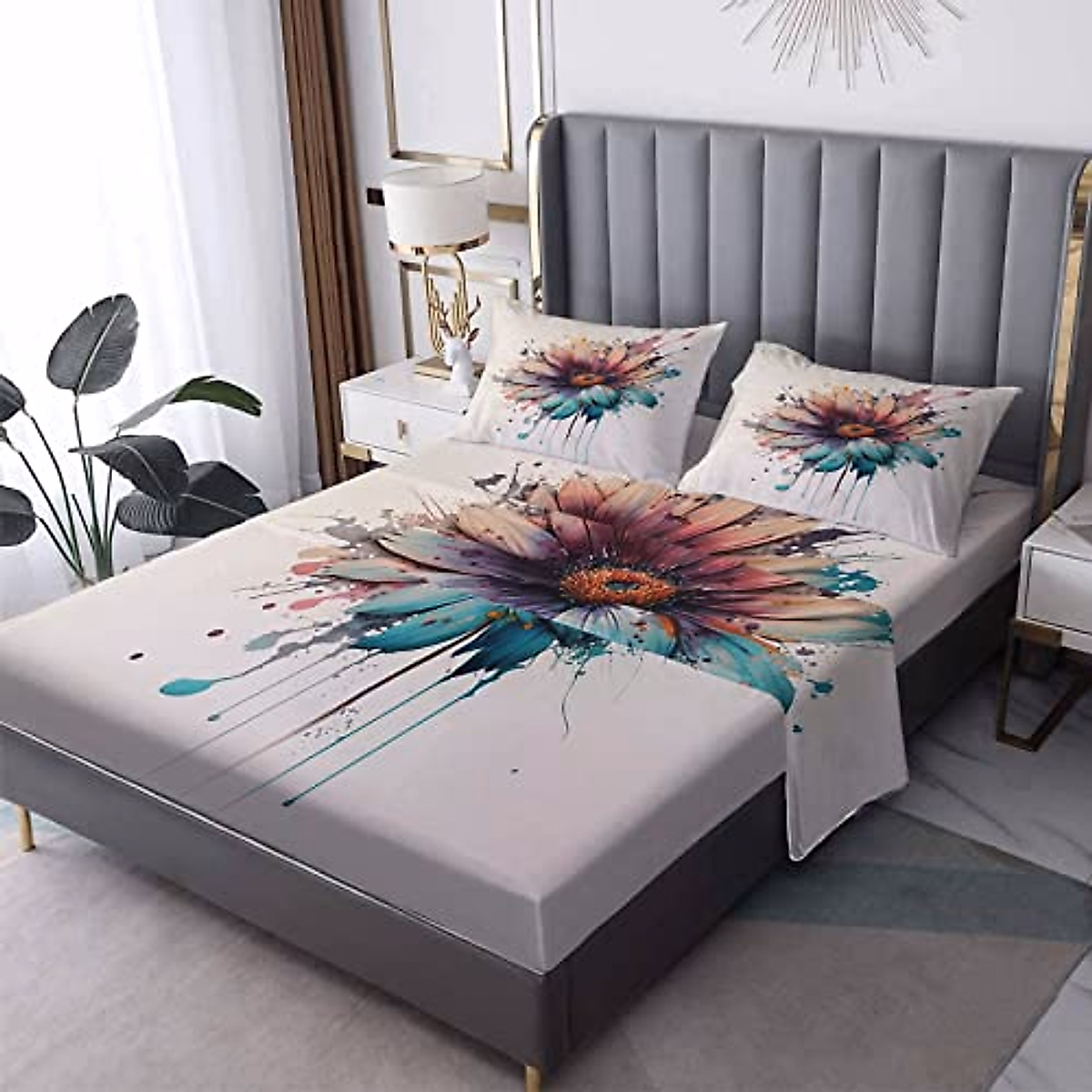 NOGAWA Flower Sheets Full Size, Floral Plant Bed Sheets, Patterned Bedding Sheets & Pillowcases 4 Piece Set - Soft Microfiber Deep Pocket Fitted Sheet & Flat Sheet & 2 Pillow Cases