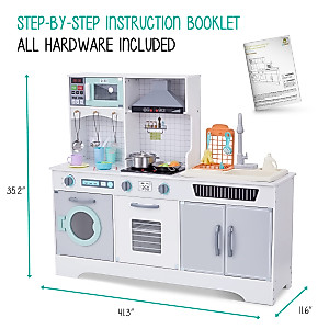 Lil' Jumbl Jumbl Kids Wooden Kitchen Set, Pretend Working Sink with Real Running Water, includes Range Hood, Microwave & Stove Top That Make Realistic Sound & Light, Full Accessory Set Included