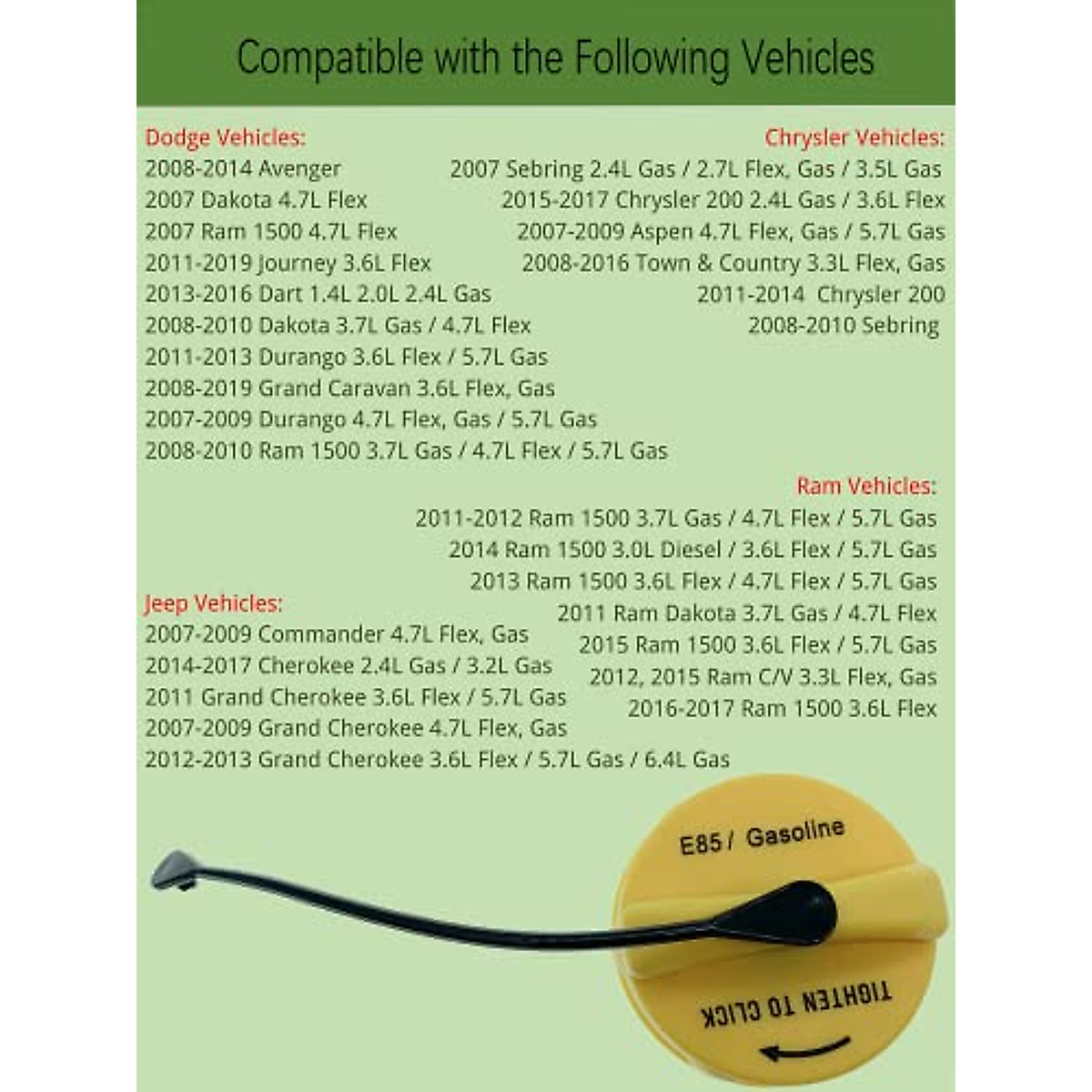 E85 Gas Cap,Fuel cap For Jeep Chrysler Dodge Ram 1500 Dakota Durango Journey Dart Durango Grand Caravan Avenger & Chrysler 200 Sebring Aspen Town & Country & Jeep Commander Cherokee Grand Cherokee