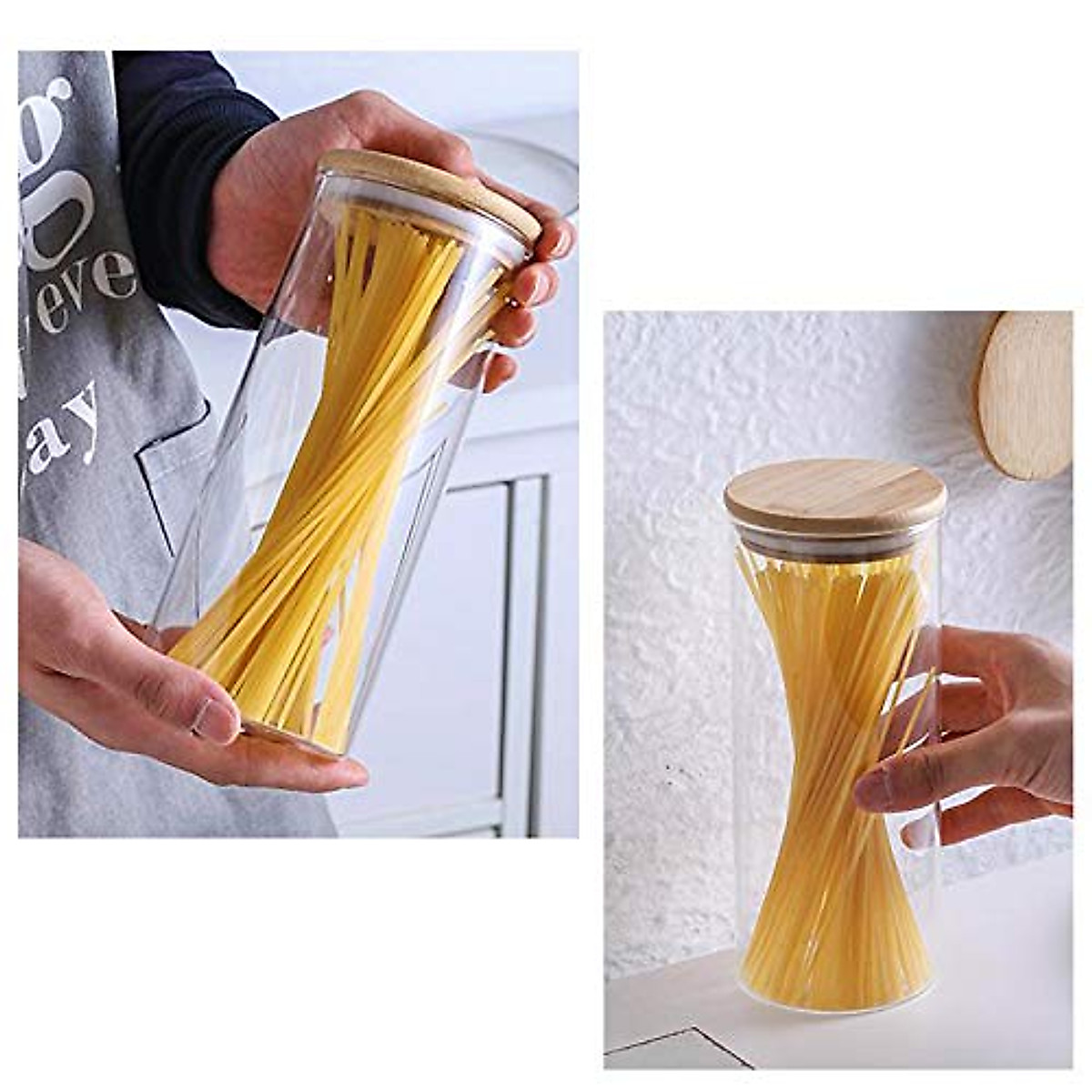 3.15 x 11 Inch Spaghetti Container, 38 OZ Airtight Glass Pasta Canister & Jar, Seal Pot with Clear Glass & Bamboo Lid, Kitchen Corner & Cabinet Organization, Dispenser for Cereal, Flour, Liquid