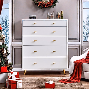 JanflyHome 5 Drawer Dresser for Bedroom Tall, Glass Dresser with 20 Colors LED Lights, Wardrobe Closet Island as Jewelry Organize, Jewelry Dresser Display, White