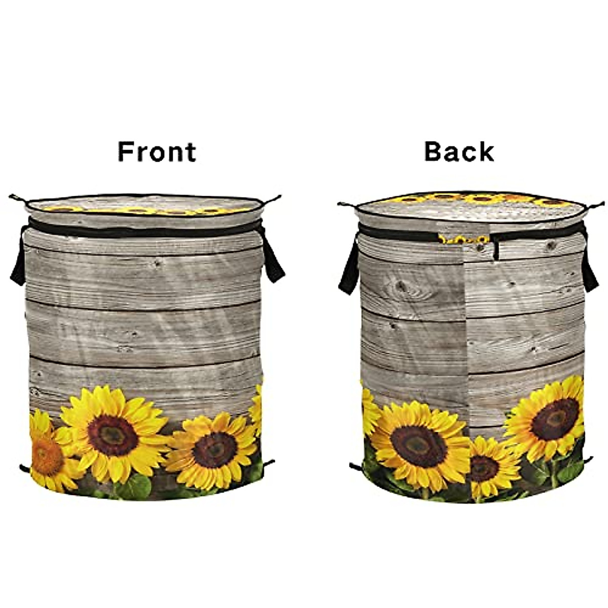 xigua Sunflower Wood Popup Laundry Hamper with Zipper Lid, Foldable Pop-up Hamper Dirty Clothes Basket with Handles for College Dorm, Apartment, Laundromat