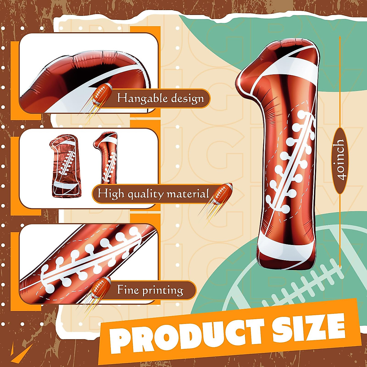 Wiwiqing 40 Inch Football Birthday Balloon, Number 1, Polyester Film, Unisex, for Sport Themed Parties