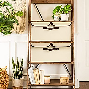 ShellKingdom Large Storage bins, 2 Set Foldable Linen Fabric Storage Cubes Organizer with Lid, Leather Handles, Removable Divider for Home, Closet, Toys, Cloth Storage Boxes - 16.5x11.8x9.8'' (Beige)