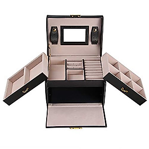Jewelry Box 3-Layer Display Jewelry Box & Organizers with Lock and Mirror Portable Travel Jewelry Boxes for Women (Black)