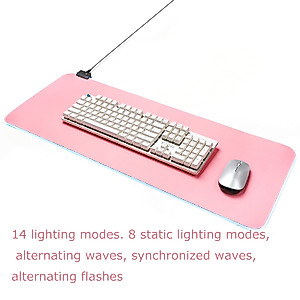 Pink RGB LED Gaming Mouse Pad, 14 Modes Glow Pad, Extra Large Gaming Mousepad，Waterproof Rubber Non Slip Cute Mat, Extended Big Keyboard and Mouse Pad Mat for Gamer, 31.5x12 x 0.16 Inch - Pink
