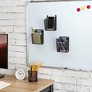 MyGift Black Metal Mesh Magnetic Office Supplies Pen Pencil and Marker Holder, Whiteboard Accesories Storage Basket, School Locker Organizer Accessory Pencil Cup, Set of 3