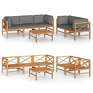 VRAXO 6 Piece Patio Lounge Set with Gray Cushions Solid Teak Wood,Outdoor Furniture Sets-140.47lbs