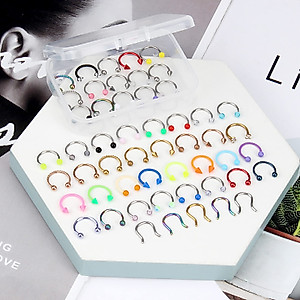 ONESING 80 Pcs, 16g, Septum Rings for Women Septum Piercing Horseshoe Nose Hoop Lip Tragus Cartilage Earrings Hypoallergenic Stainless Steel Body jewelry 10mm