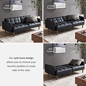 mopio Aaron 76.8" Couch, Small Futon Sofa Bed, Sleeper, Loveseat, Mid Century Modern Futon Couch, Sofa Cama, Couches for Living Room, Bedroom (Midnight Black, Faux Leather)