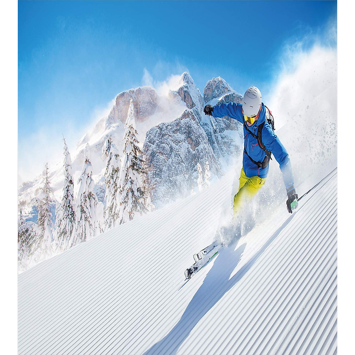 Ambesonne Winter Duvet Cover Set, Skier Skiing Downhill in High Mountains Extreme Winter Sports Hobby Activity, Decorative 2 Piece Bedding Set with 1 Pillow Sham, Twin Size, Blue White Yellow
