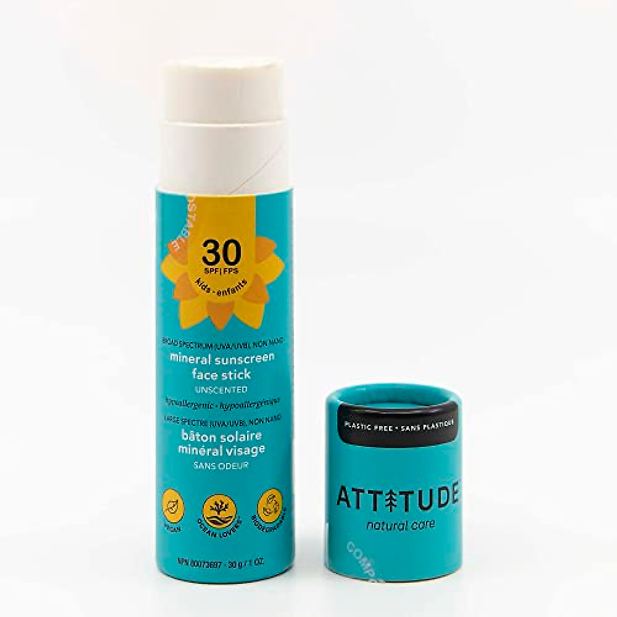 ATTITUDE Sunscreen Stick for Baby and Kids, Broad Spectrum UVA/UVB, Plant and Mineral-Based Formula, Coral Reefs Friendly, Vegan and Cruelty-free Sun Care Products, Face, SPF 30, Unscented, 1 Oz