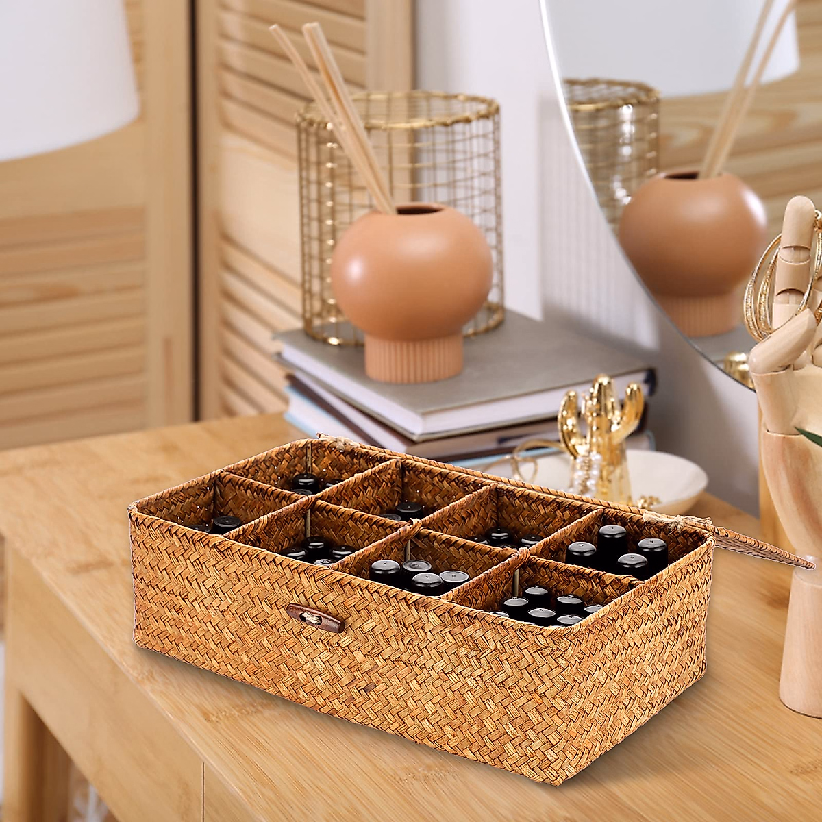 ELLDOO Tea Bags Box with Lid, Wicker Rattan Sugar Packet Holder Coffee Station Condiment Organizer Countertop Storage Desk Baskets for Pantry Coffee Bar Shelves, 8 Grids