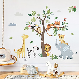 decalmile Jungle Animals Tree Wall Decals Elephant Giraffe Lion Safari Wall Stickers Baby Nursery Kids Bedroom Living Room Wall Decor