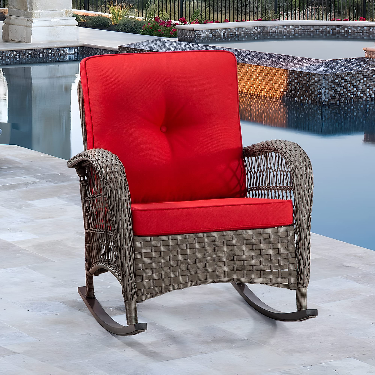 MeetLeisure Patio Wicker Rocking Chair - All-Weather Outdoor Rocker Chair with Safe Rocking Design and Premium Fabric Cushions (Mixed Grey/Red)
