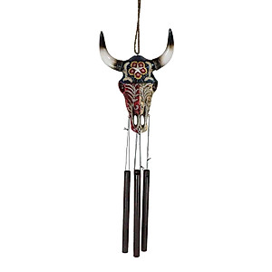 Ebros Gift Large Patriotic Texas Flag Colors Western Star Floral Details Bison Bull Cow Skull Rustic Decorative Wind Chime Garden Patio As Wildlife Hanging Mobile Figurine