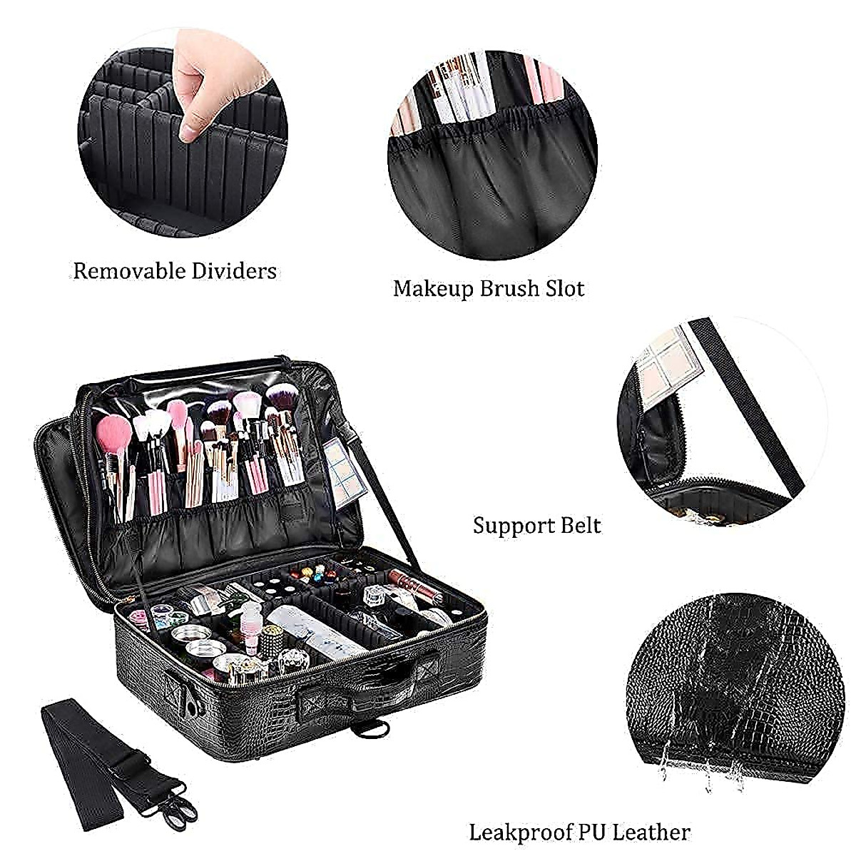 gzcz Large Makeup Train Case Professional 16" Travel Makeup Cosmetic Bag Organizer Portable PU Leather Makeup Storage Case Artist Box with Adiustable Dividers & Strap (L-Crocodile Pattern)