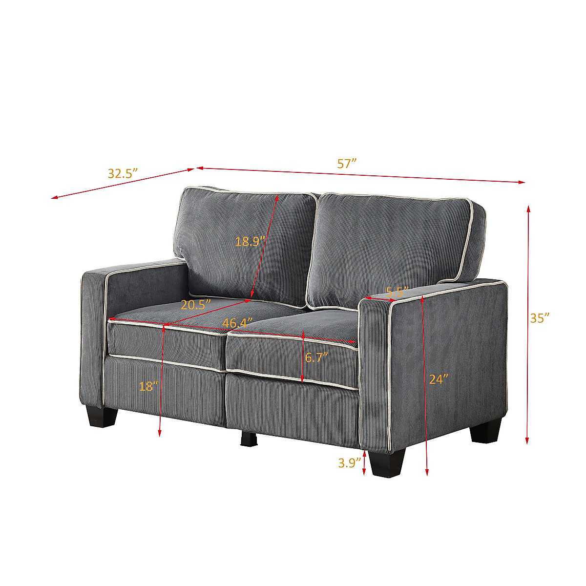 FANYE Gray 2 Accent Deep Cushions Seaters Plastic Legs Loveseat Double Couch with Storage, Modern Corduroy Upholstery Sofa Love Seat W/Square Armrest for Home Office Apartment Small Space Living Room