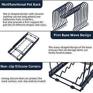 ROOHUA Pot Rack Organizer -Expandable Pot and Pan Organizer for Cabinet,Pot Lid Organizer Holder with 10 Adjustable Compartment for Kitchen Cabinet Cookware Baking Frying Rack (Dark Blue, 10)