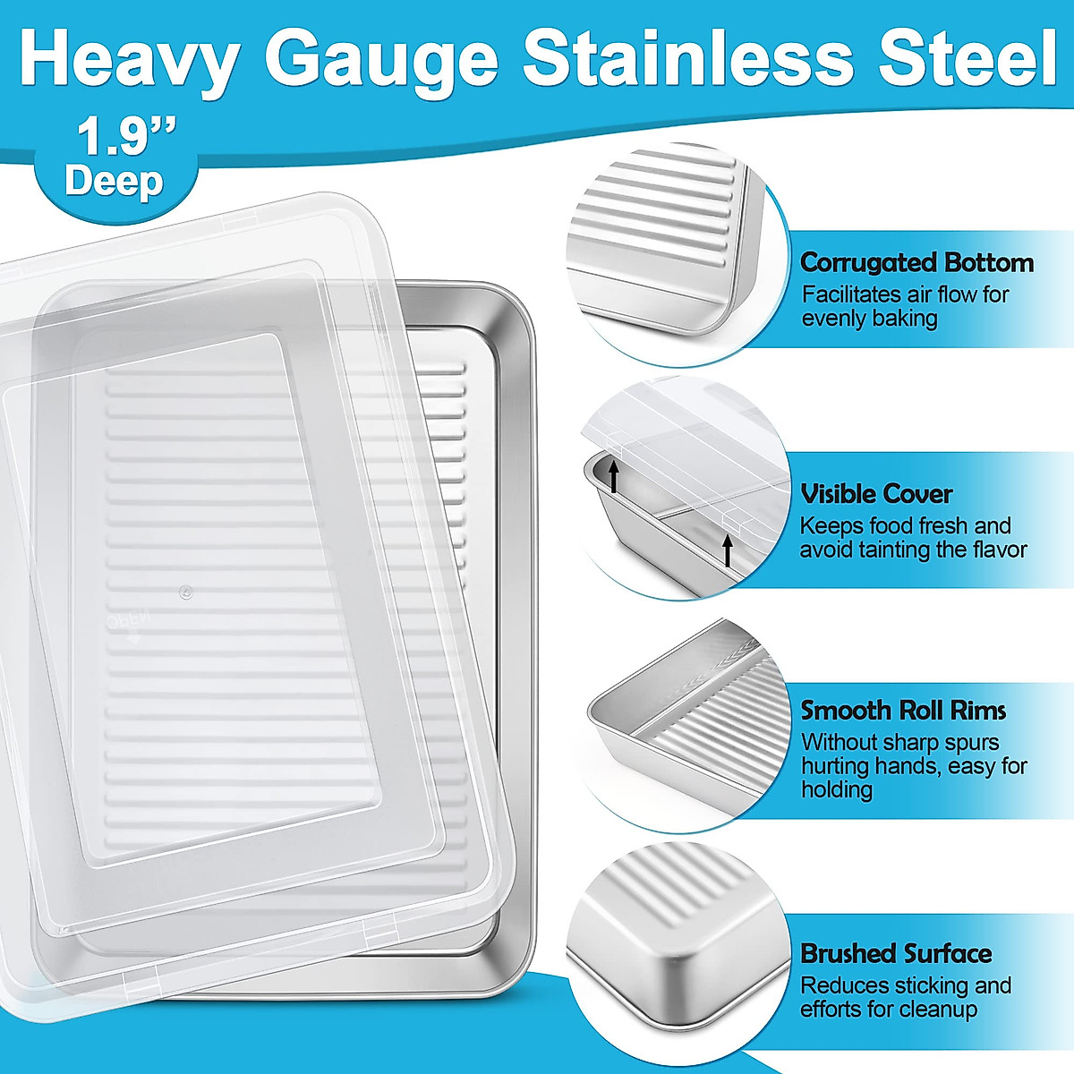 TeamFar Rectangular Cake Pan with Lid, 10.5 Inch Stainless Steel Small Baking Roasting Lasagna Cake Pan, Corrugated Bottom & Deep Side, Healthy & Heavy Duty, Dishwasher Safe - (1 Pan + 1 Lid)