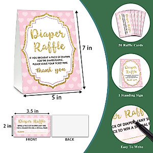 Diaper Raffle Baby Shower Game Set(1 Standing Sign + 50 Guessing Cards), A Little Princess Diaper Raffle Tickets for Baby Shower, Pink and Gold Baby Shower Party Favor Decor - B12