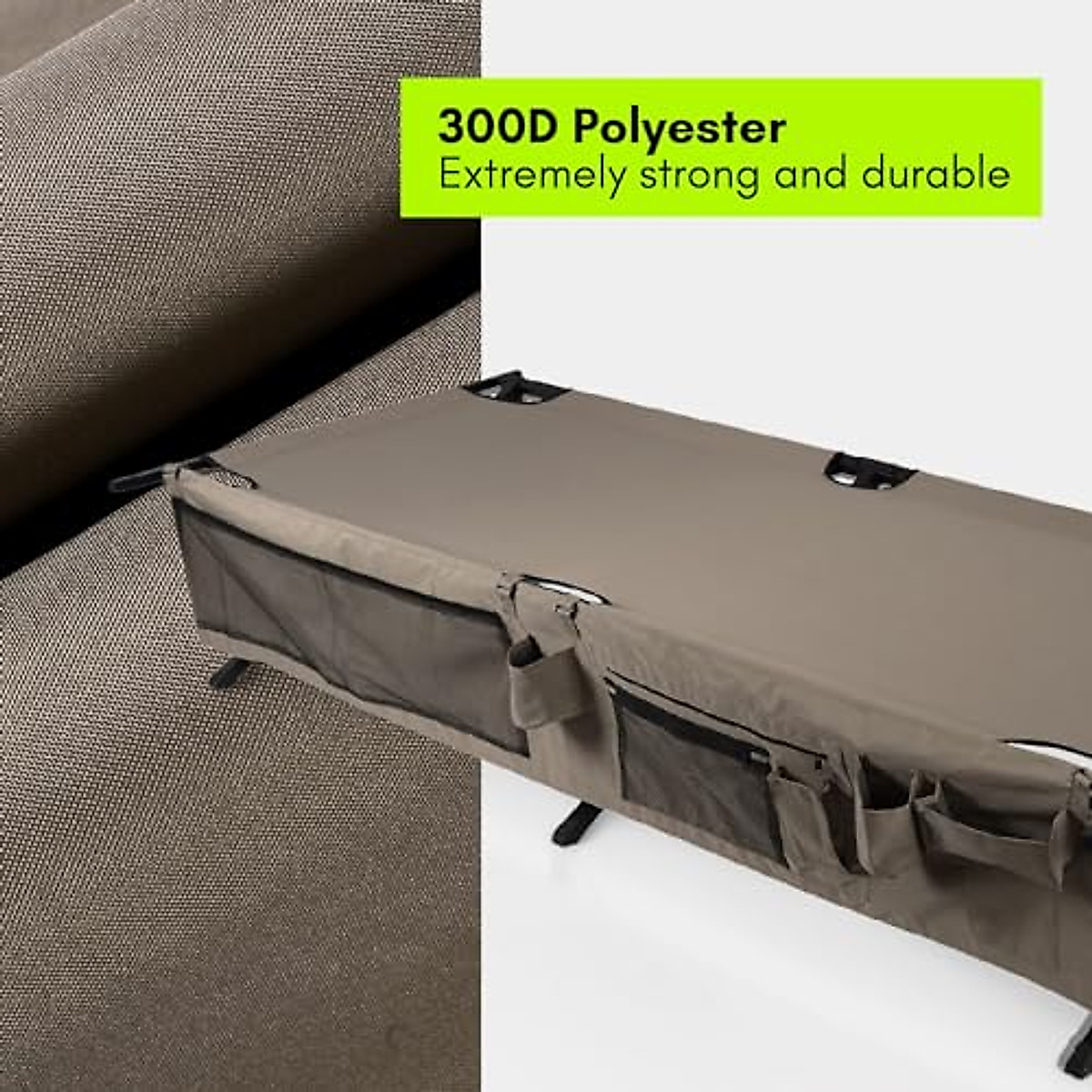 Extremus New Komfort Camp Cot, Folding Camping Cot, Guest Bed, 300 lbs Capacity, Steel Frame, Strong 300D Polyester Surface, includes Side Storage Organizer, Carry Bag
