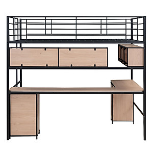 Harper & Bright Designs Full Size Metal Loft Bed with Desk, Bookcase and Storage Cabinet, Modern Heavy-Duty Steel Frame, for Kids Teens Adults (Black)