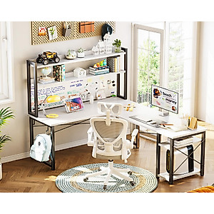 ODK L Shaped Gaming Desk with Hutch, Computer Desk with Storage Shelves, 66" L Shaped Desk for Home Office, Corner Desk with Headphone Hook, White
