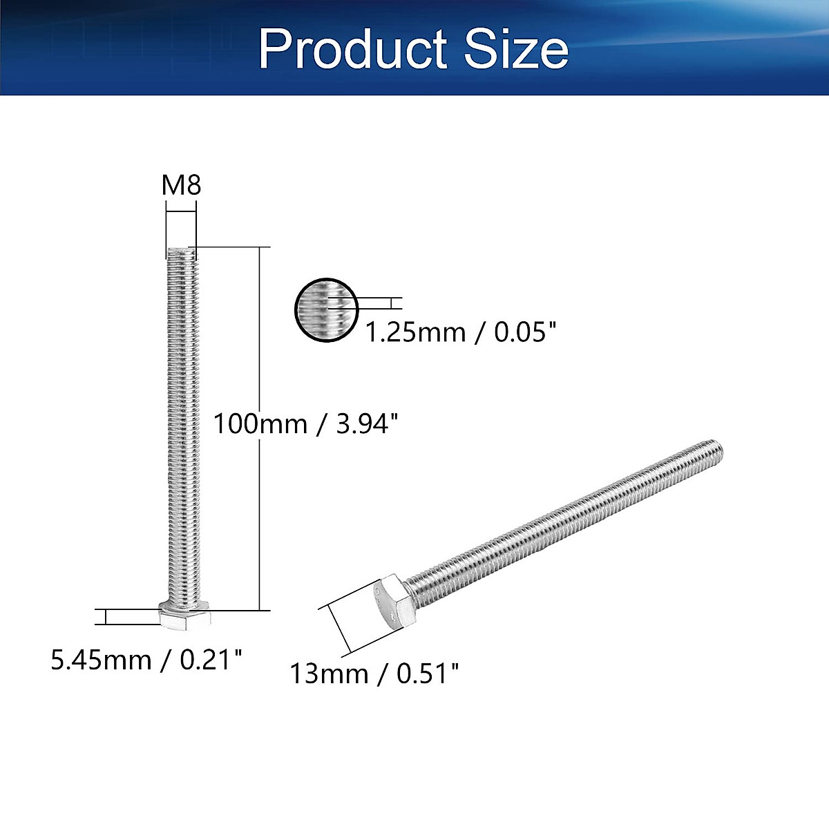 Yinpecly M8-1.25 x 100mm Hex Bolt Hex Flat Head Cap Bolts Screws for High-Pressure Flow Pump Impellers Silver 10pcs