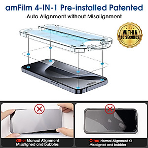 amFilm Easiest Installation OneTouch for iPhone 15 Pro Max Screen Protector [6.7 Inch] Tempered Glass + Camera Lens Protector, Auto-Alignment Tech, Bubble Free, Case Friendly, Anti-Scratch [2+2 Pack]