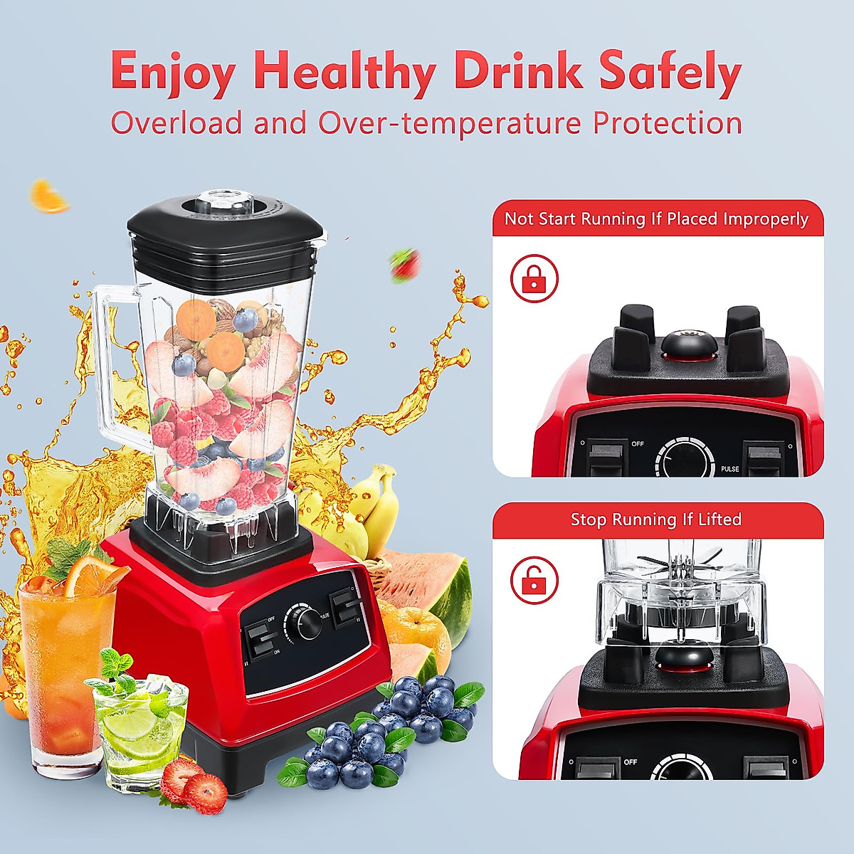 GDAE10 3HP 2200W Heavy Duty High Speed 45000RPM Smoothie Blender, Red, 68 Ounce (2L) for Soup, Fish, Crushing Ice, Frozen Desserts, Home or Commercial Use