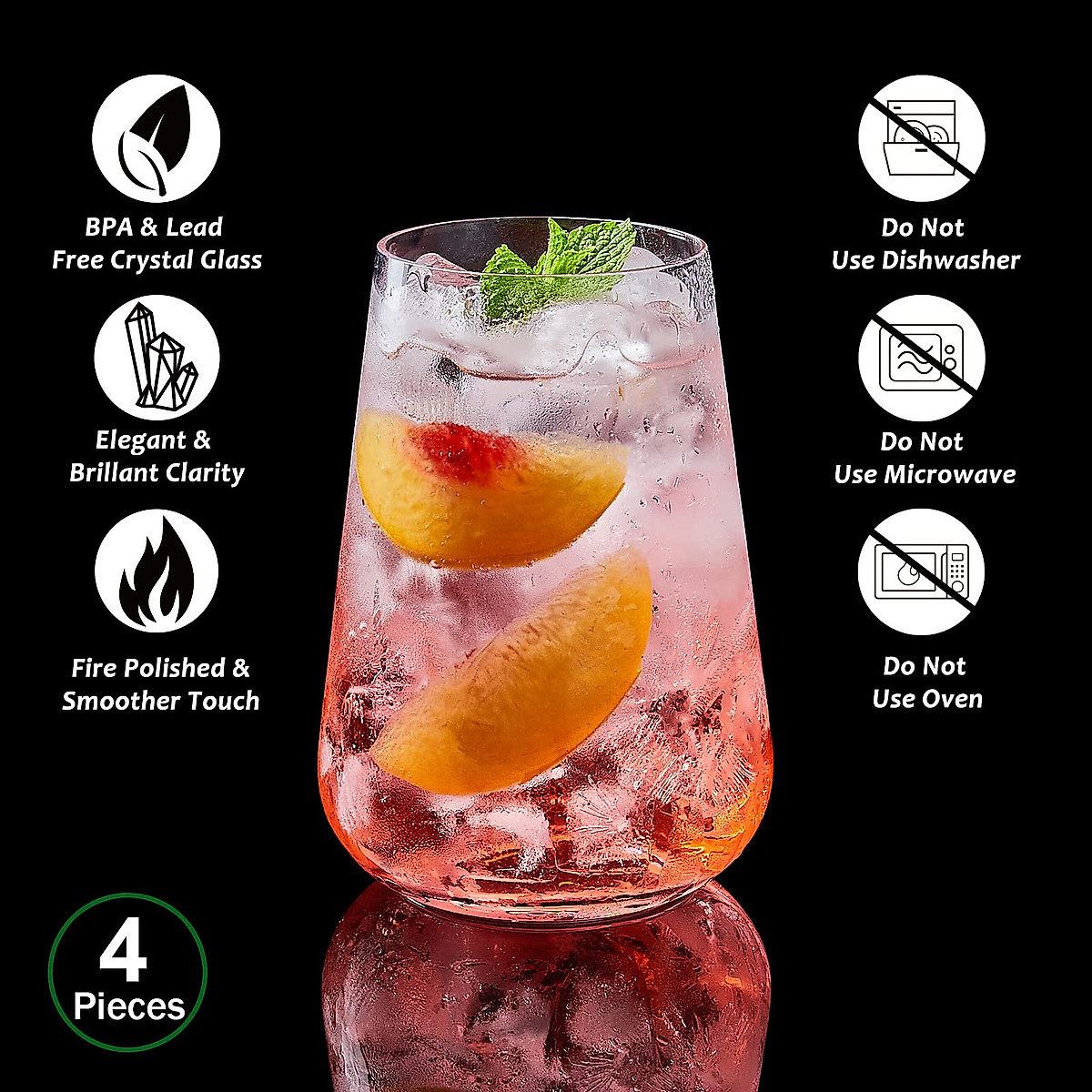 Highball Glasses Set of 4, Tall Drinking Glasses 24oz Oversized Cocktail Glass Set. Lead-Free Crystal Glassware | Juice, Cocktails, Whiskey, Mojito, Iced Tea, Beer for Kitchen, Bar, Restaurant