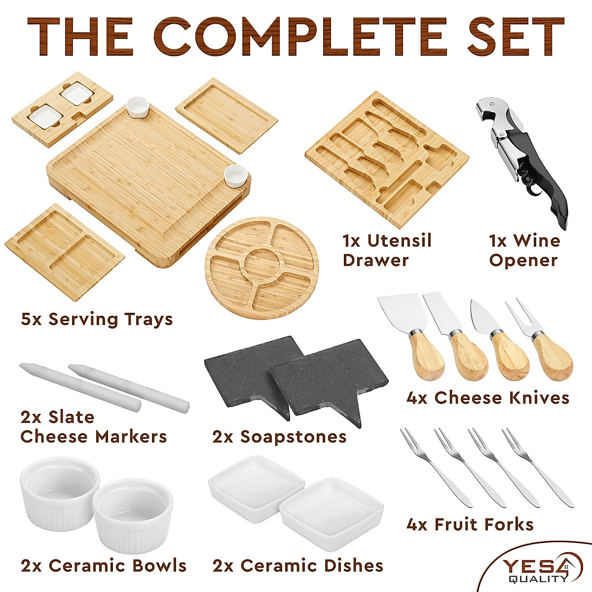 Charcuterie Boards Deluxe Gift Set - 23 Pieces, Bamboo - Large Cheese Board Plus Fruit Tray for Thanksgiving Party, Christmas Present, Birthday w/ Utensil Drawer, Knives, Forks, Wine Opener & More