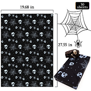 MR FIVE 30 Sheets Black Halloween Tissue Paper Bulk,20" x 28",Black with White Skull Spider Web Pattern Tissue Paper,Halloween Tissue Paper for Gift Bags,Skull Tissue Paper for Halloween Party