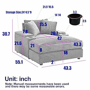 Eafurn Corduroy Upholstered Chaise Lounge Sofa with Movable Ottoman and Cupholders,43.3" w Oversized Singel Chair Convertible Sleeper Sofabed with Detachable Cushions Deep Seat for Living Room Office